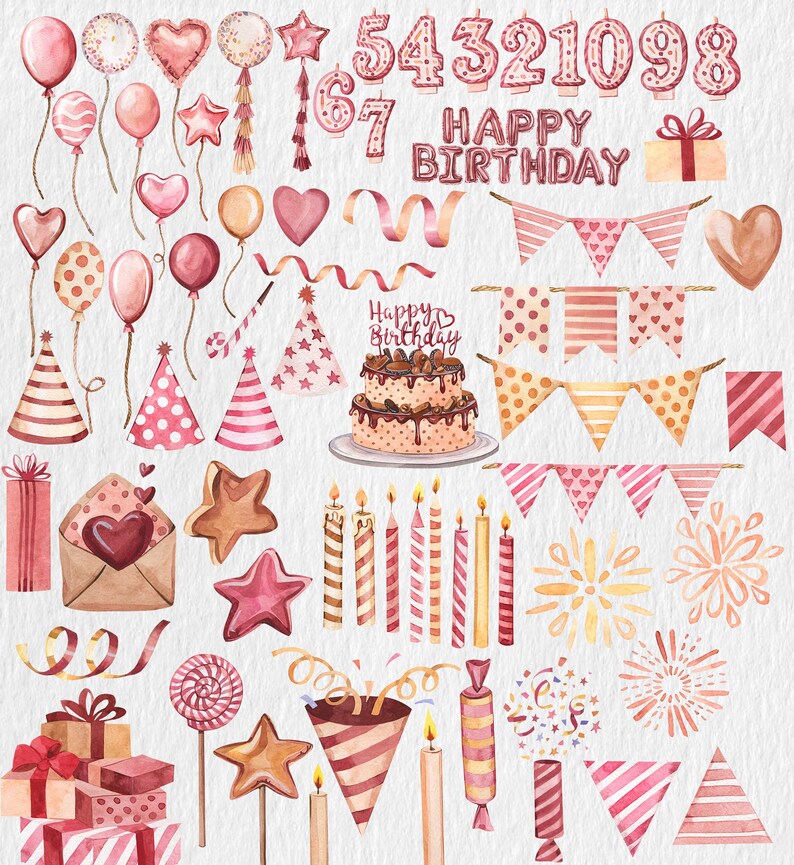 Watercolor Birthday Party Clipart, BIG SET, Birthday Decor, Watercolor ...