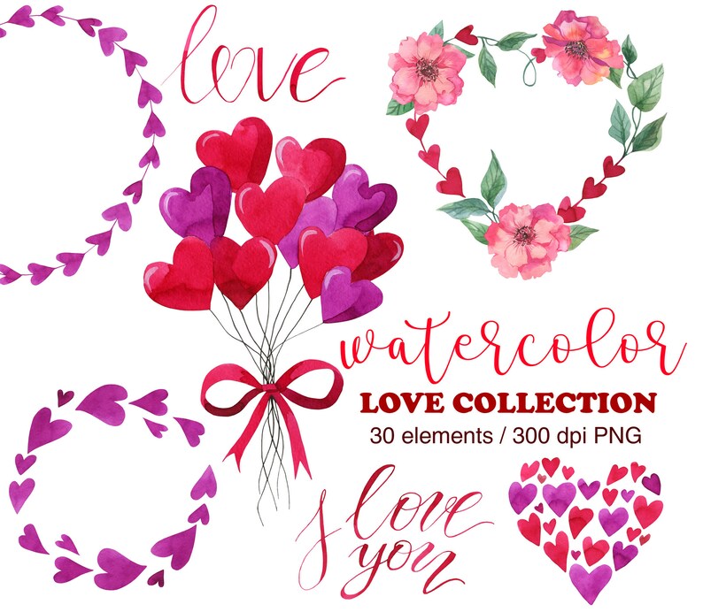 Cute Love Clipart Watercolor Valentines Day Clipart | Etsy