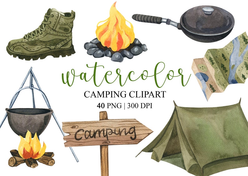 Watercolor Camping Clipart, Travel Clipart, PNG, Adventure, Family ...