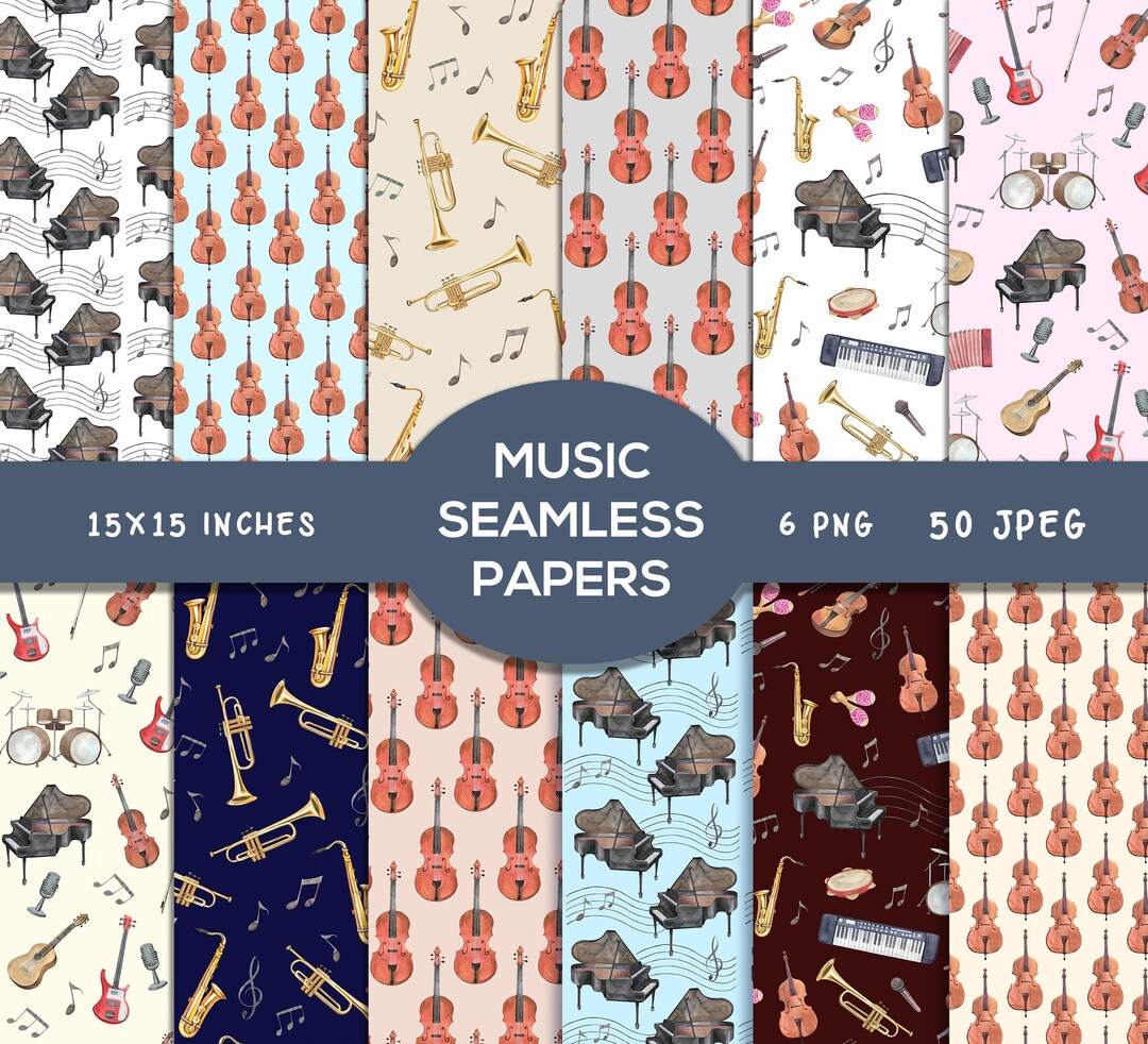 Watercolor Music Digital Papers, Seamless Patterns, Music Instruments ...