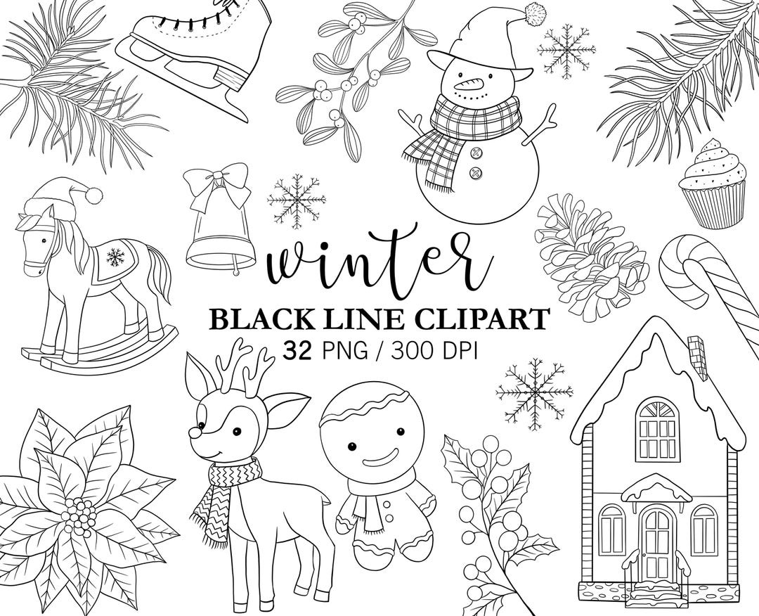Christmas Black Line Clipart, Winter Line Art PNG, Xmas Holiday Line ...