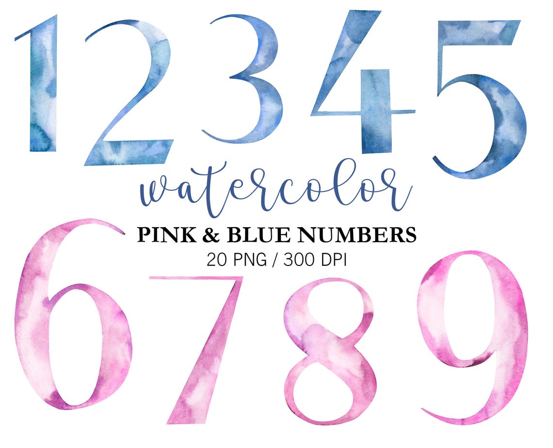 Watercolor Pink & Blue Numbers PNG, Pink and Blue Watercolor Separate ...