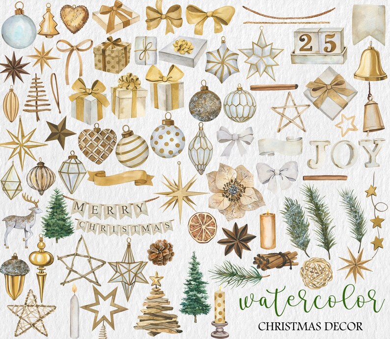 Watercolor Christmas Clipart: Gold Ornaments, Trees (PNG Digital ...