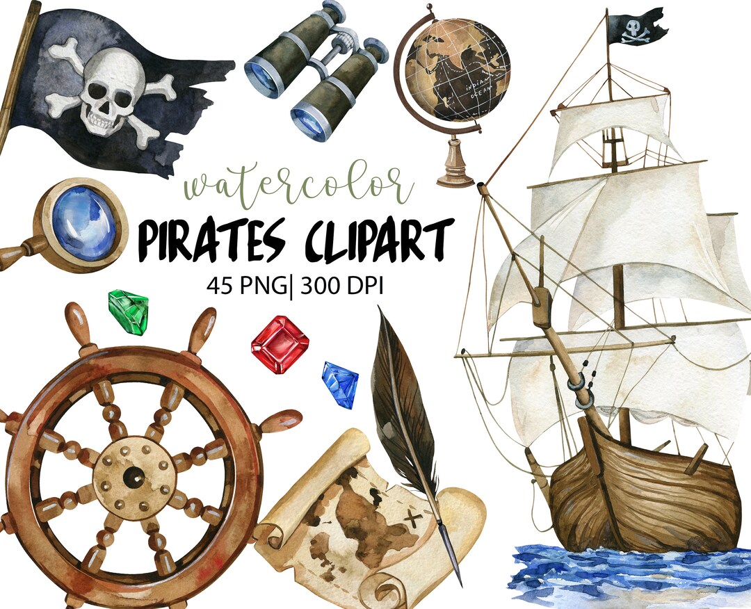 Watercolor Pirates Clipart, Pirate Ship, Treasure Chest, Pirate Party ...