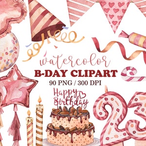 Watercolor Birthday Party Clipart, BIG SET, Birthday Decor, Watercolor ...