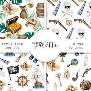 Watercolor Pirates Seamless Patterns, Nursery Decor, Digital Paper ...