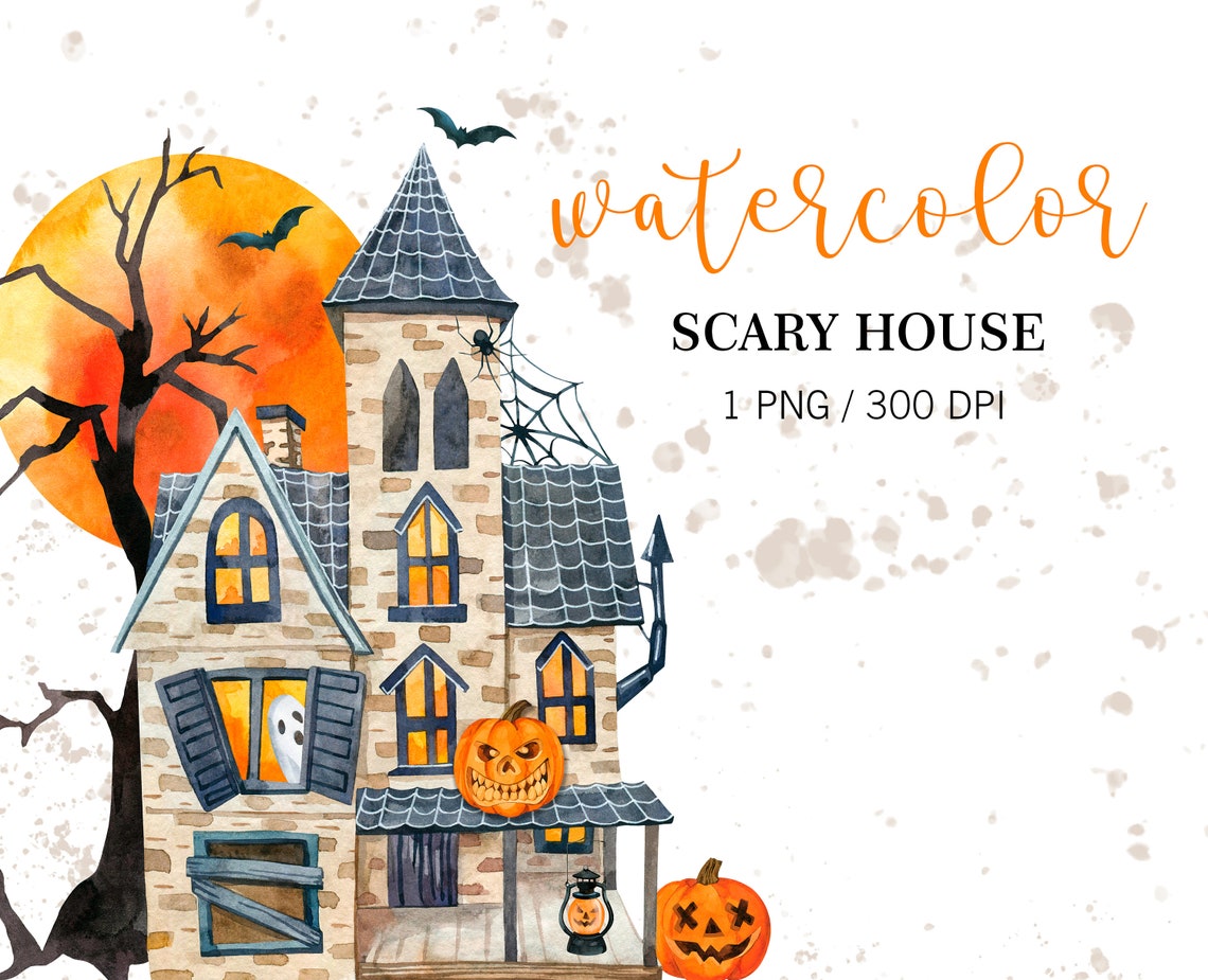 Watercolor Haunted House Composition Halloween House - Etsy