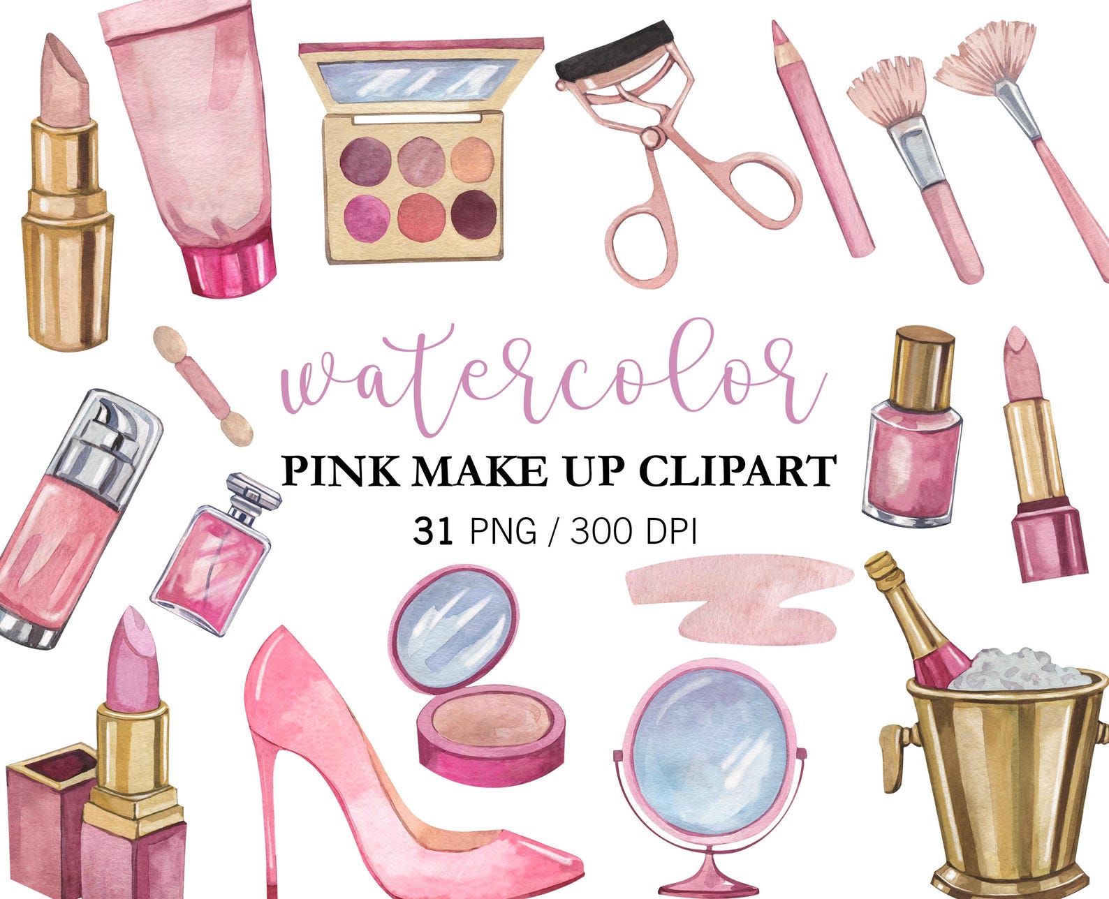 Watercolor Pink Make up Clipart, Cosmetics Clipart, Beauty Clipart ...