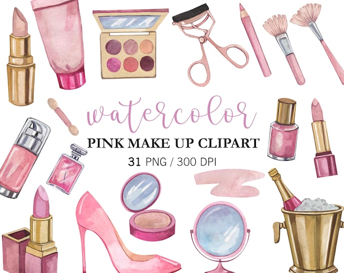 Watercolor Pink Make up Clipart, Cosmetics Clipart, Beauty Clipart ...