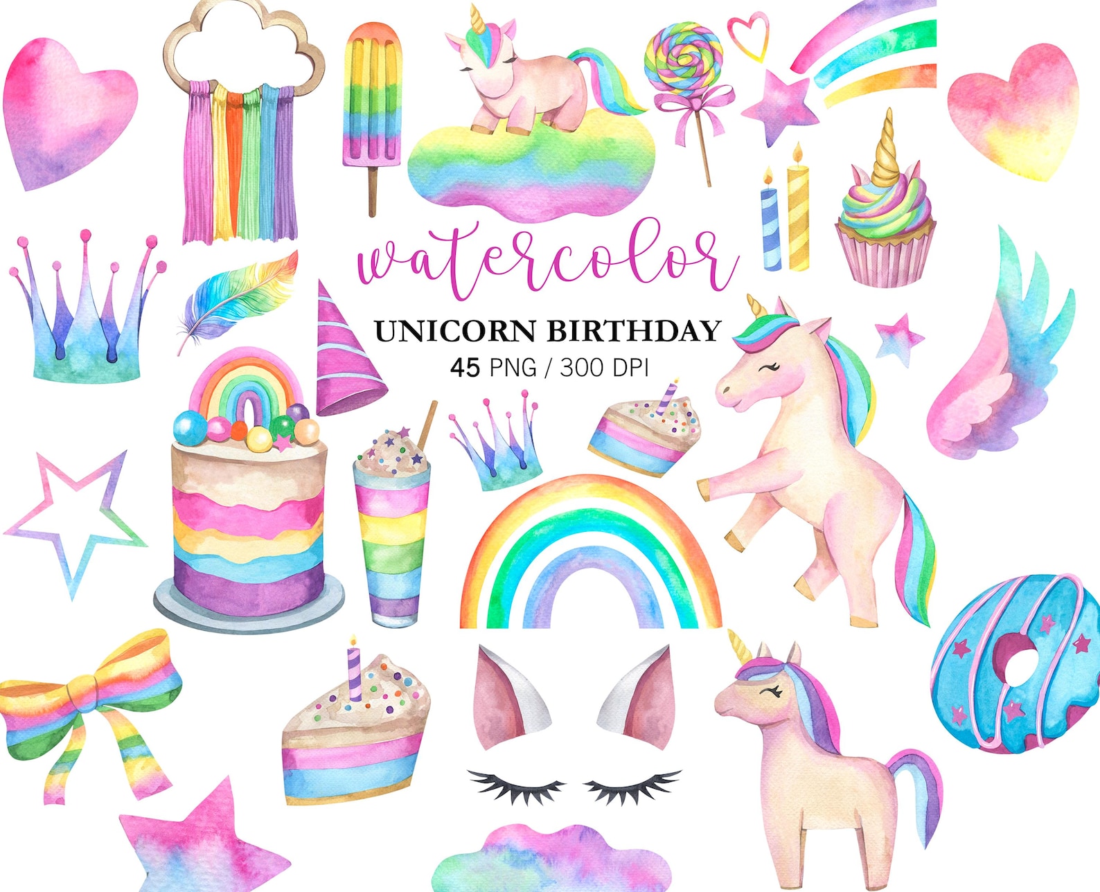 Watercolor Unicorn Birthday Clipart, Nursery Decor, Unicorn Stickers ...