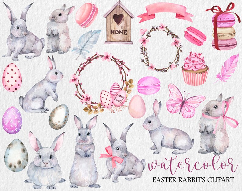 Easter Bunny Clipart: Nursery Decor Hand Painted Watercolor PNG Digital ...