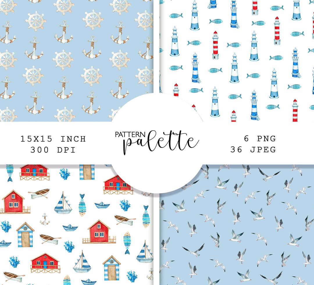 Watercolor Marine Seamless Patterns, Nautical Background Scrapbook ...