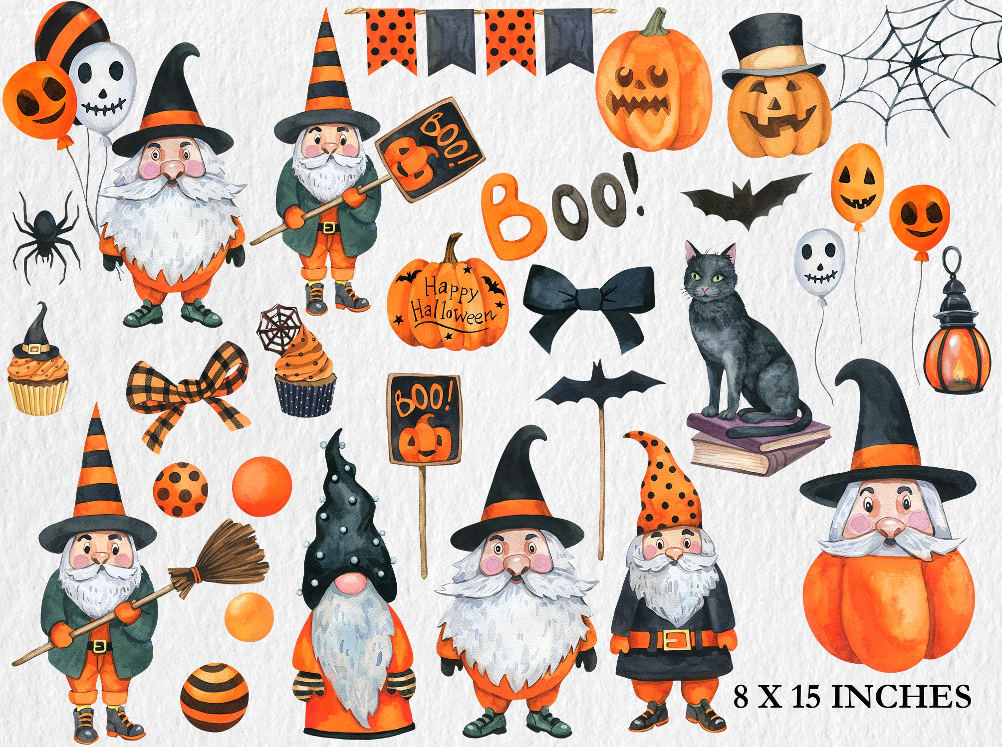 Watercolor Halloween Gnomes Clipart: Halloween Pumpkins, Cat, Balloons ...