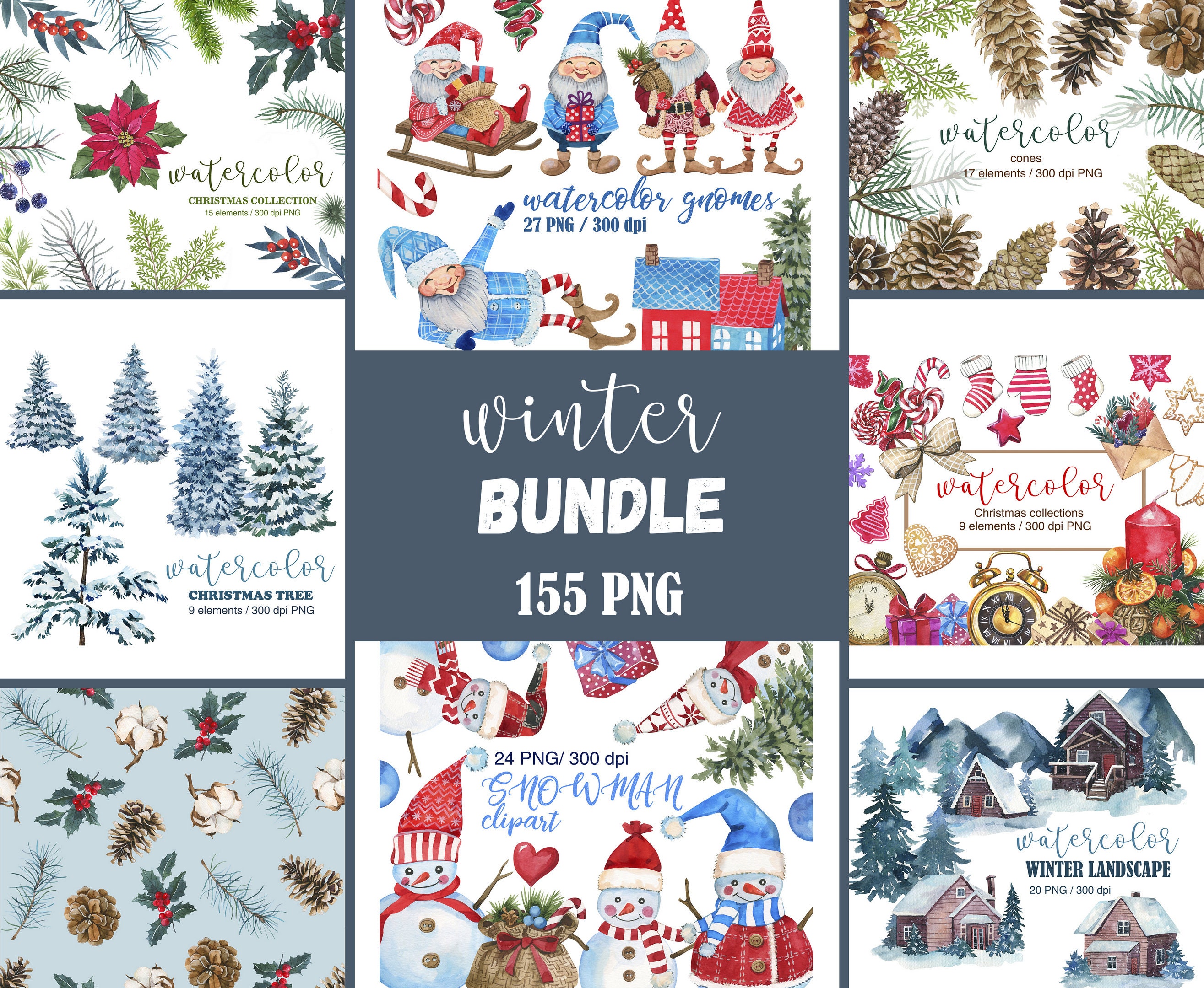 Big Winter BUNDLE Watercolor Clipart BUNDLE Watercolor | Etsy