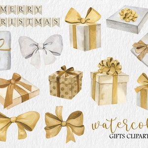 Watercolor Gift Box Clipart, PNG, Christmas Presents, Gold Gifts ...