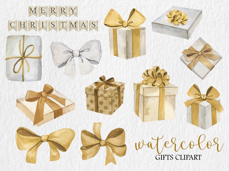 Watercolor Gift Box Clipart PNG Christmas Presents Gold - Etsy