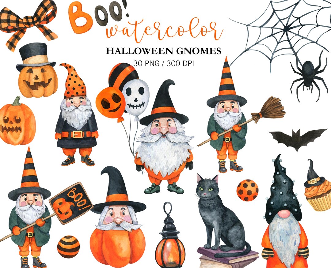 Watercolor Halloween Gnomes Clipart: Halloween Pumpkins, Cat, Balloons ...