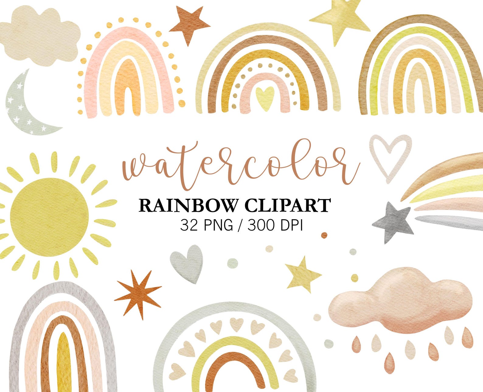 Watercolor Beige Rainbow Clipart, Nursery Wall Art, Baby Shower Clipart ...