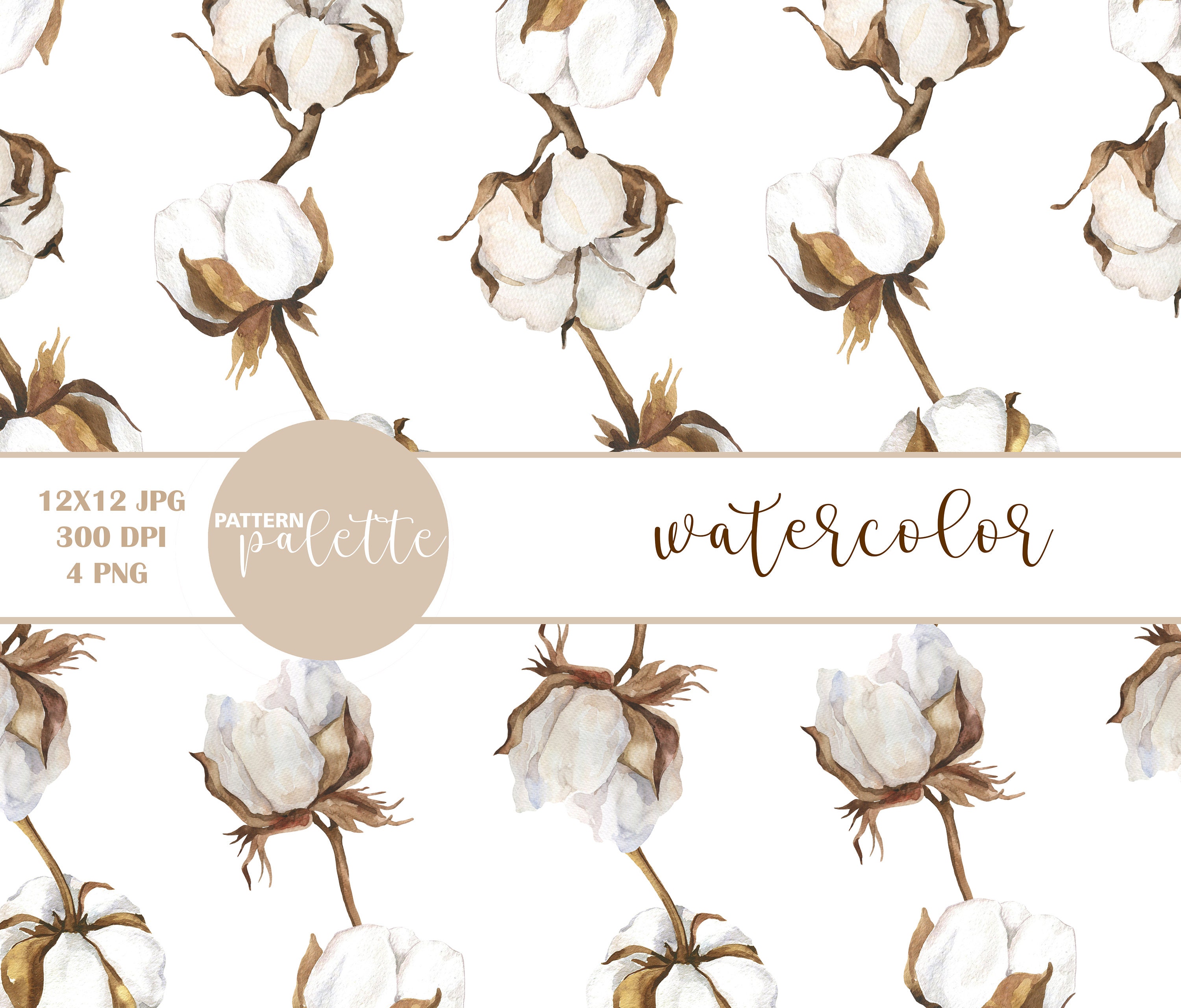 Watercolor Cotton Seamless Pattern Cotton Plant Pattern | Etsy