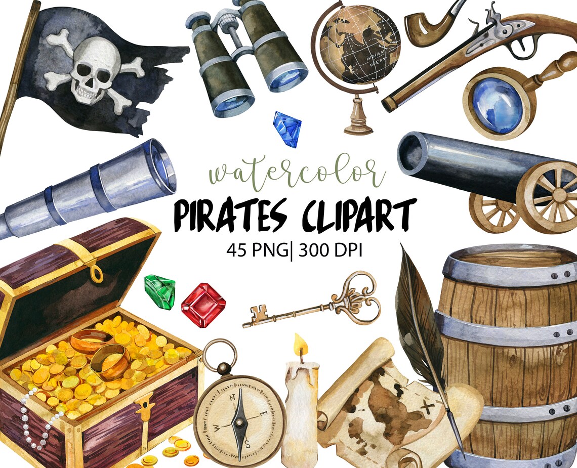 Watercolor Pirates Clipart Pirate Ship Treasure Chest | Etsy
