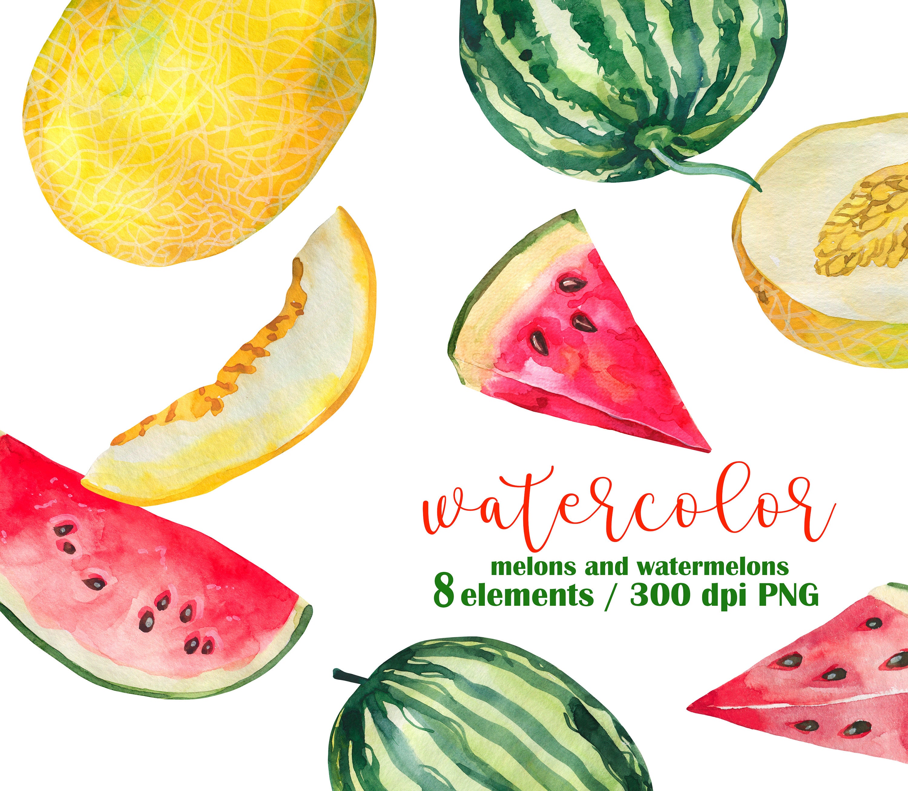 Watercolor Watermelon Clipart Melon Clipart PNG Slices - Etsy
