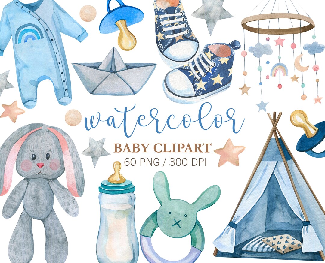 Watercolor Baby Boy Clipart, Baby Shower Clipart, Nursery Decor, 1st ...