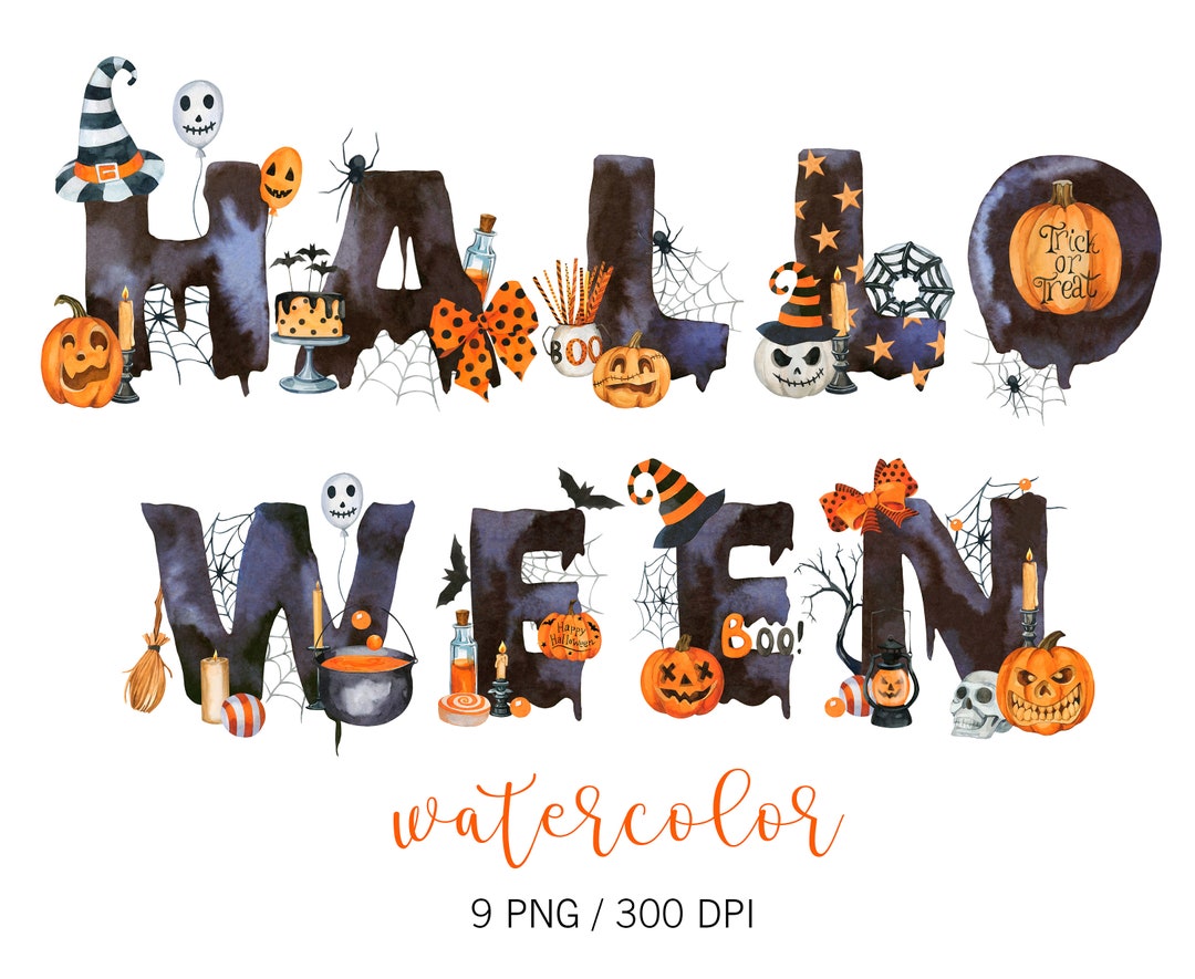 Watercolor HALLOWEEN Clipart, Watercolor Word Halloween, Halloween ...