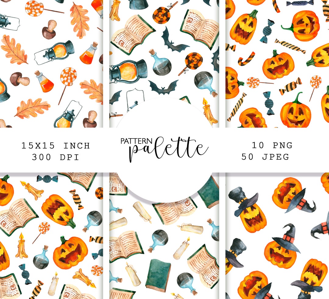 Watercolor Halloween Seamless Patterns, Halloween Digital Paper, PNG ...