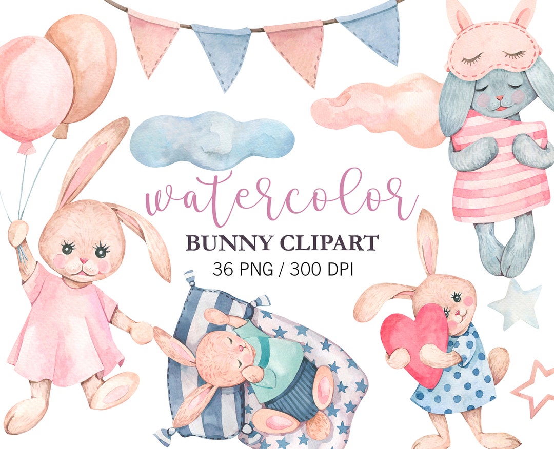 Watercolor Bunny Clipart, Nursery Decor, Easter Clipart, Rabbit Clipart ...