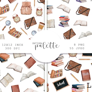 Watercolor School Patterns, Back to School Paper, School Digital Paper ...