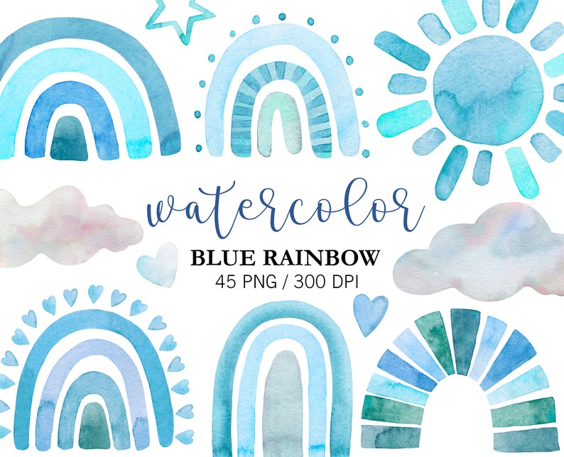 Watercolor Blue Rainbow Clipart Nursery Decor Baby Shower - Etsy