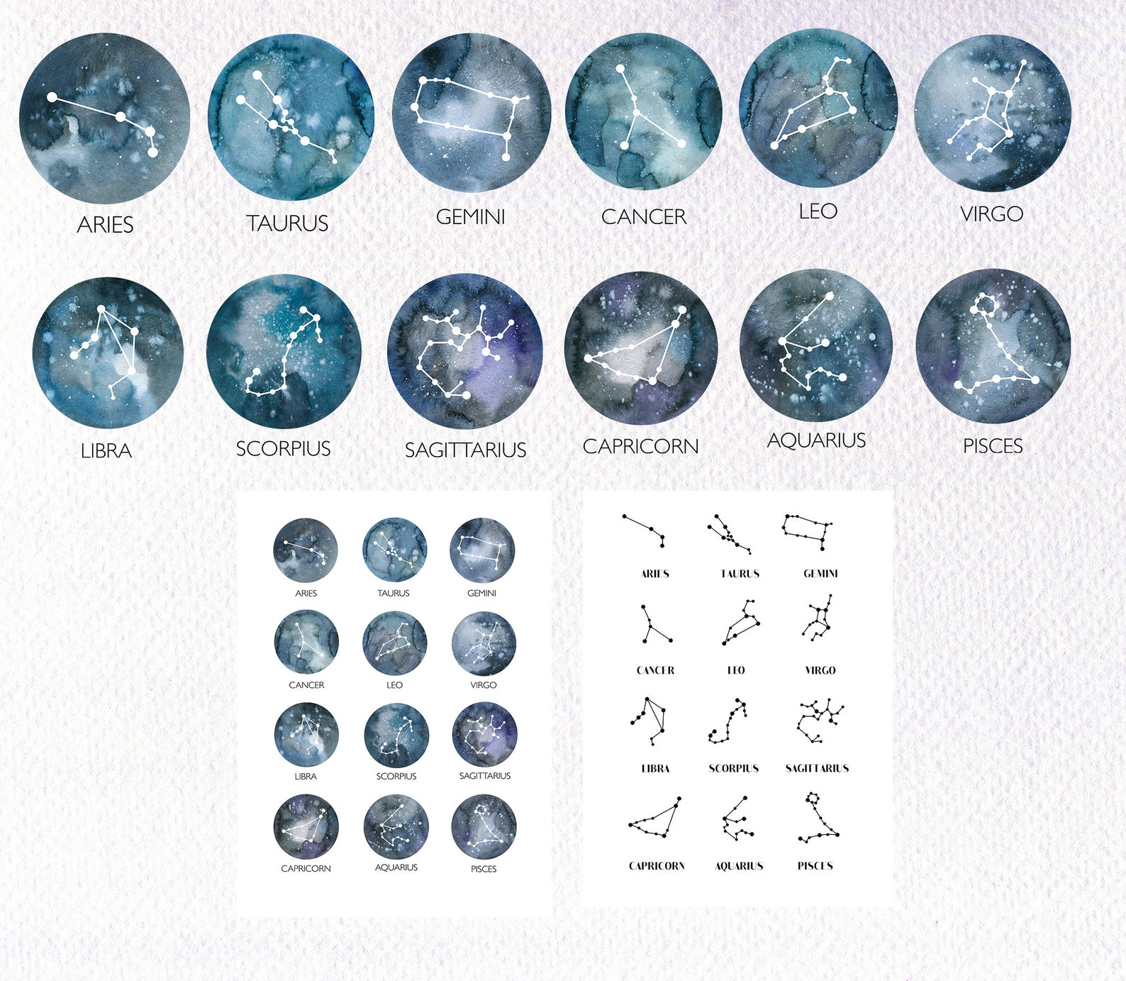 Watercolor Zodiac Constellations Watercolor Galaxy Clipart - Etsy