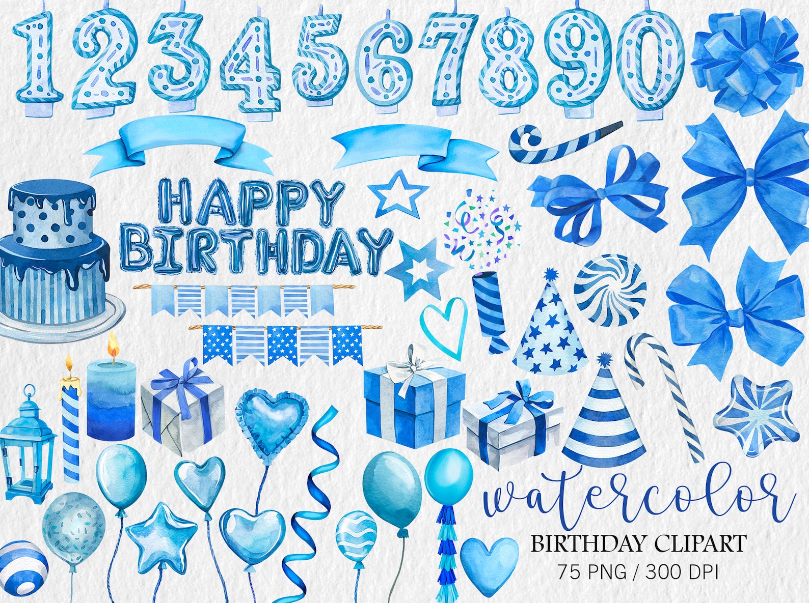 Watercolor Birthday Party Clipart, BIG SET, Birthday Blue Decor ...