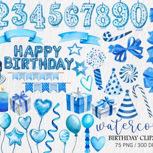 Watercolor Birthday Party Clipart, BIG SET, Birthday Blue Decor ...