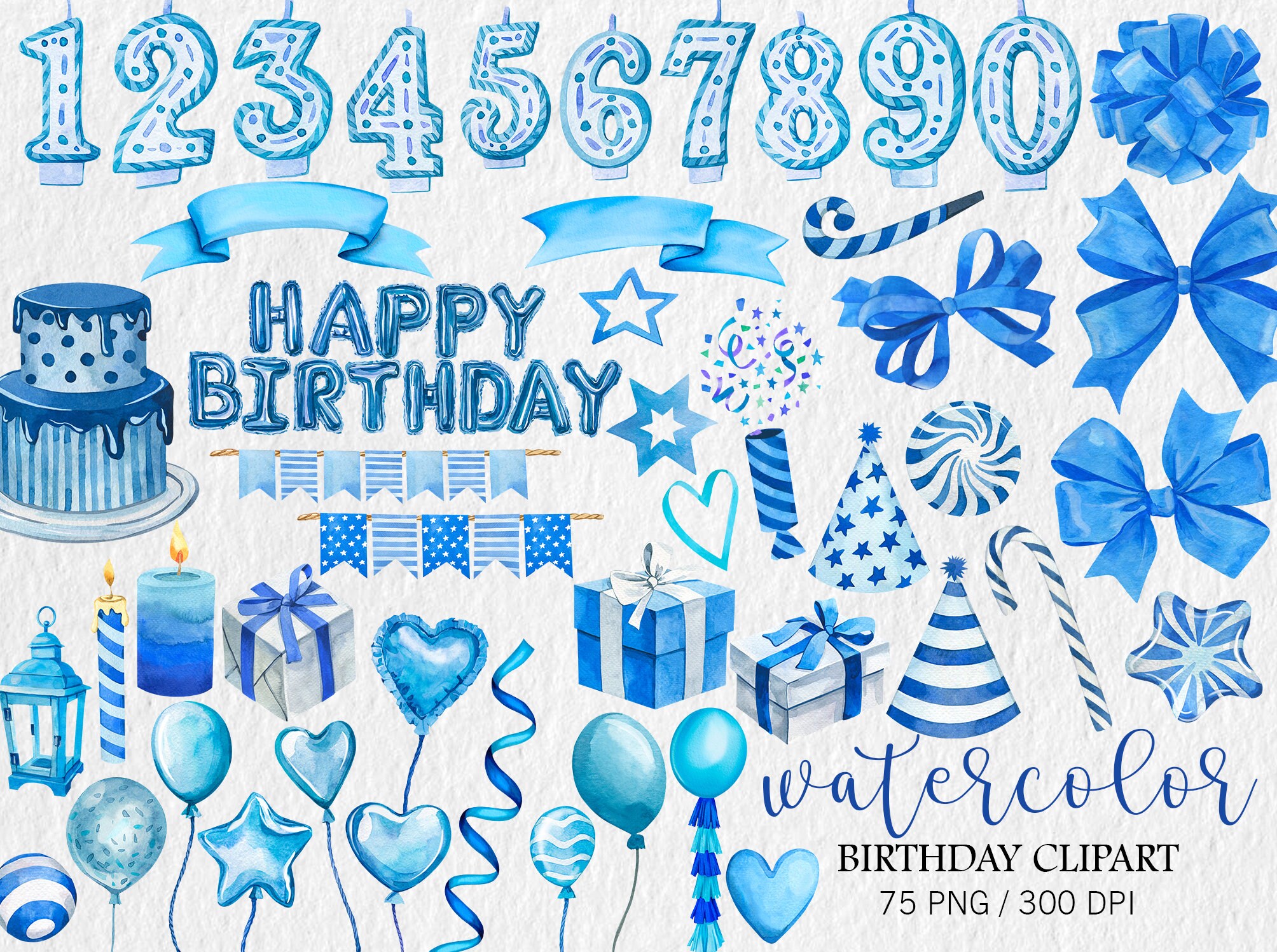 Watercolor Birthday Party Clipart BIG SET Birthday Blue - Etsy