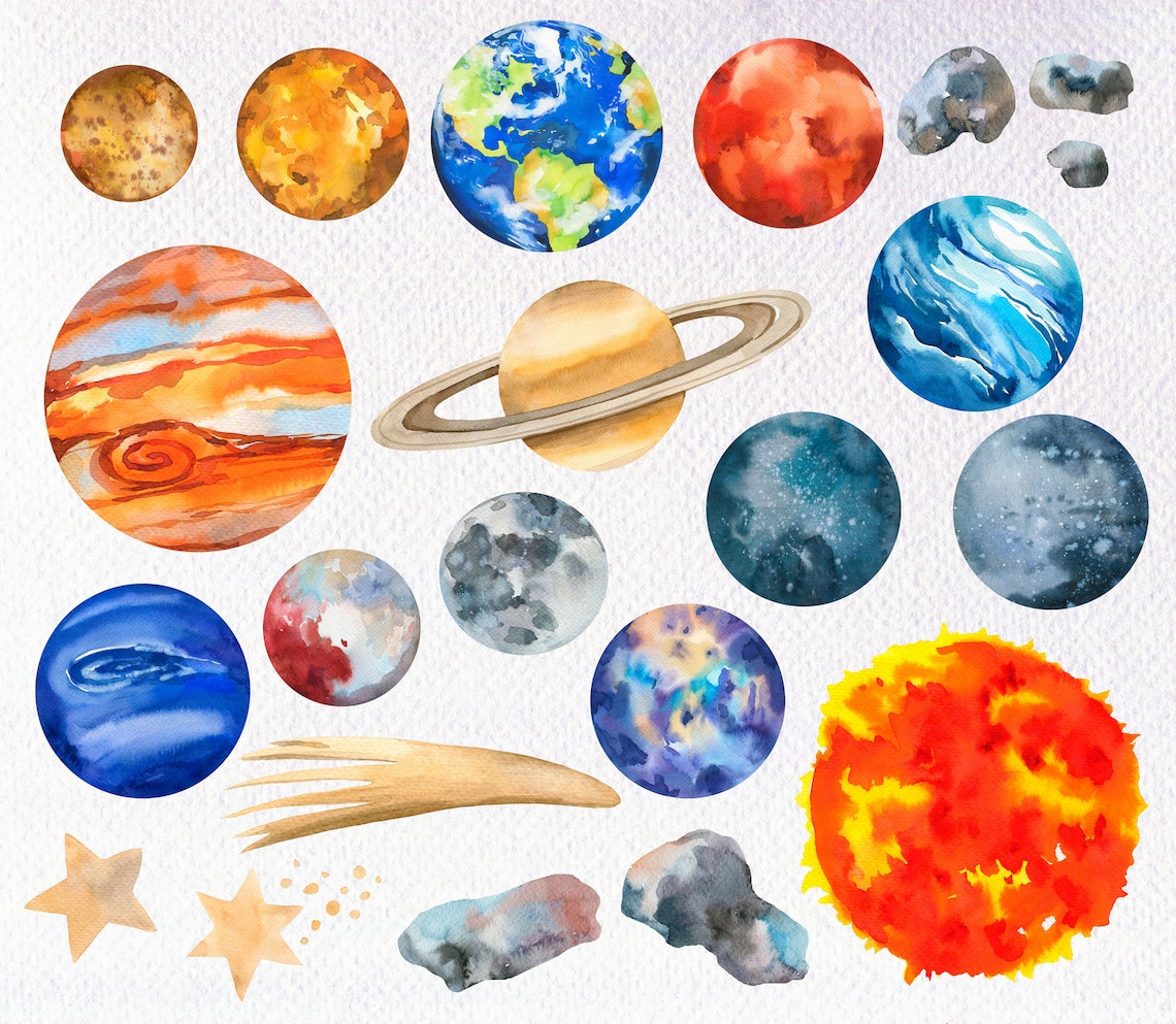 Watercolor Planets Clipart Solar System Download Space | Etsy