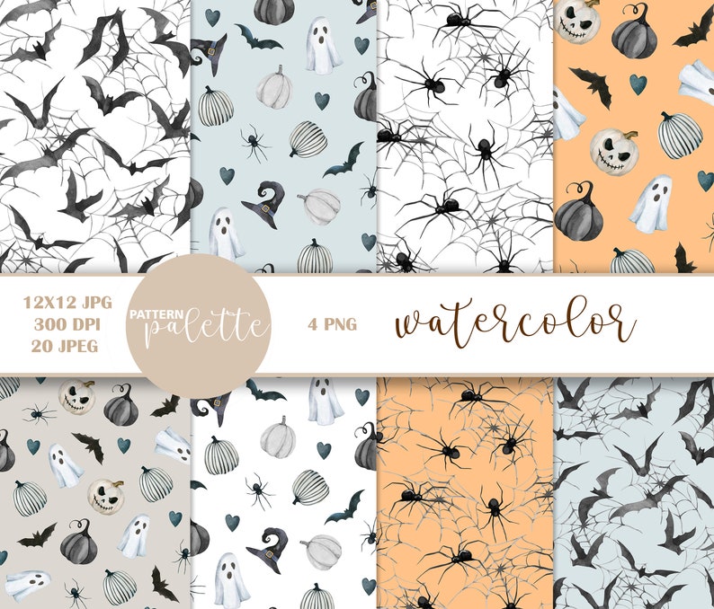 Watercolor Halloween Seamless Patterns, Halloween Digital Paper, PNG ...