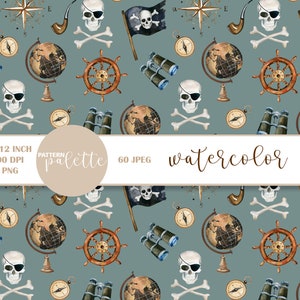 Watercolor Pirates Seamless Patterns, Nursery Decor, Digital Paper ...
