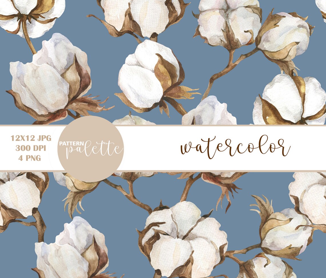Watercolor Cotton Seamless Pattern Cotton Plant Pattern | Etsy