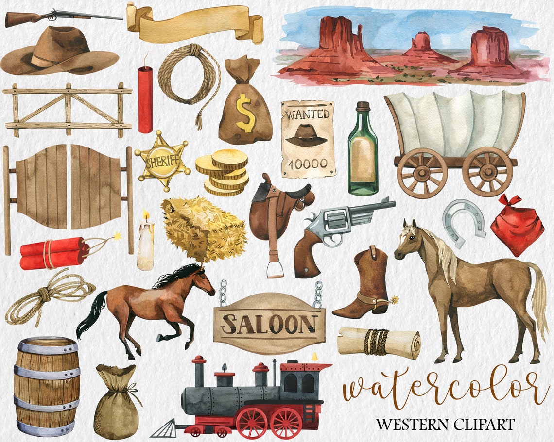 Watercolor Western Clipart Wild West Clipart Cowboy Clipart - Etsy