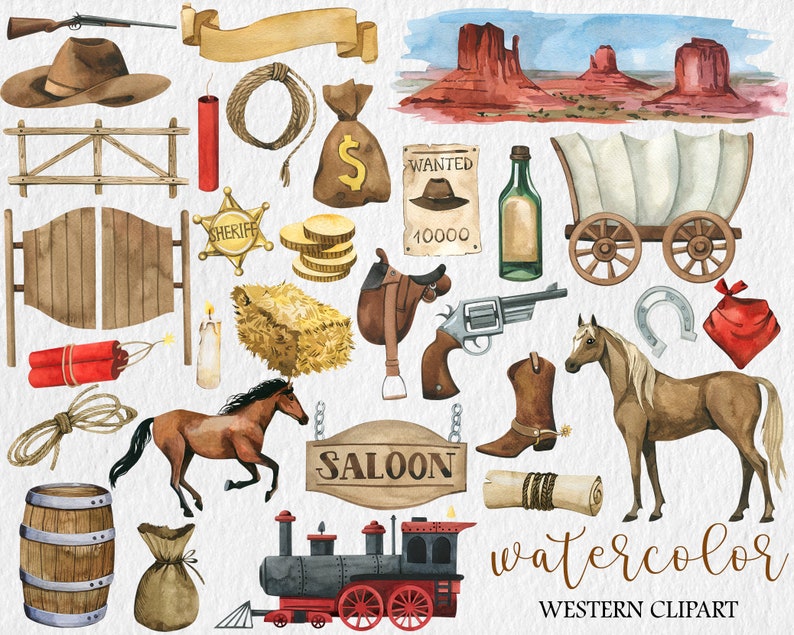 Watercolor Western Clipart Wild West Clipart Cowboy Clipart - Etsy
