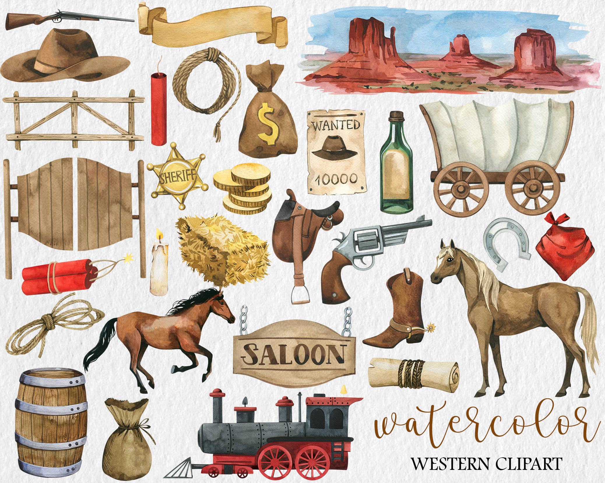 Watercolor Western Clipart Wild West Clipart Cowboy Clipart - Etsy