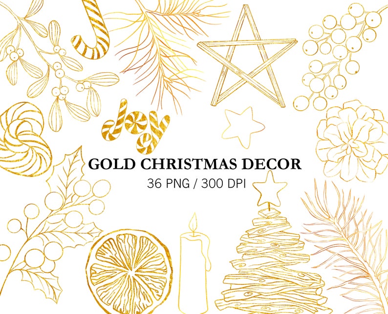 Christmas Gold Clipart, Christmas Decor, Christmas PNG, Gold Decor ...