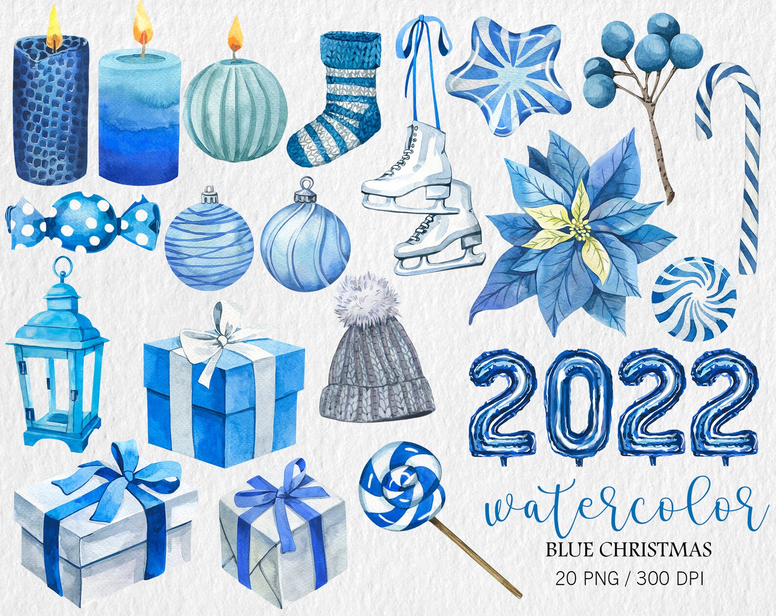 Watercolor Blue Christmas Clipart Christmas Decor Watercolor | Etsy