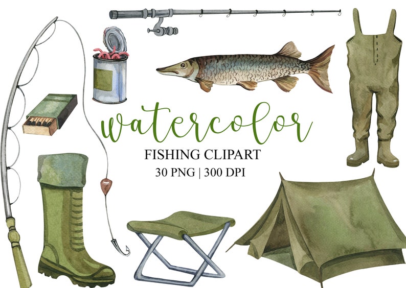 Watercolor Fishing Clipart, Fathers Day Clipart, PNG, Summer Clipart ...