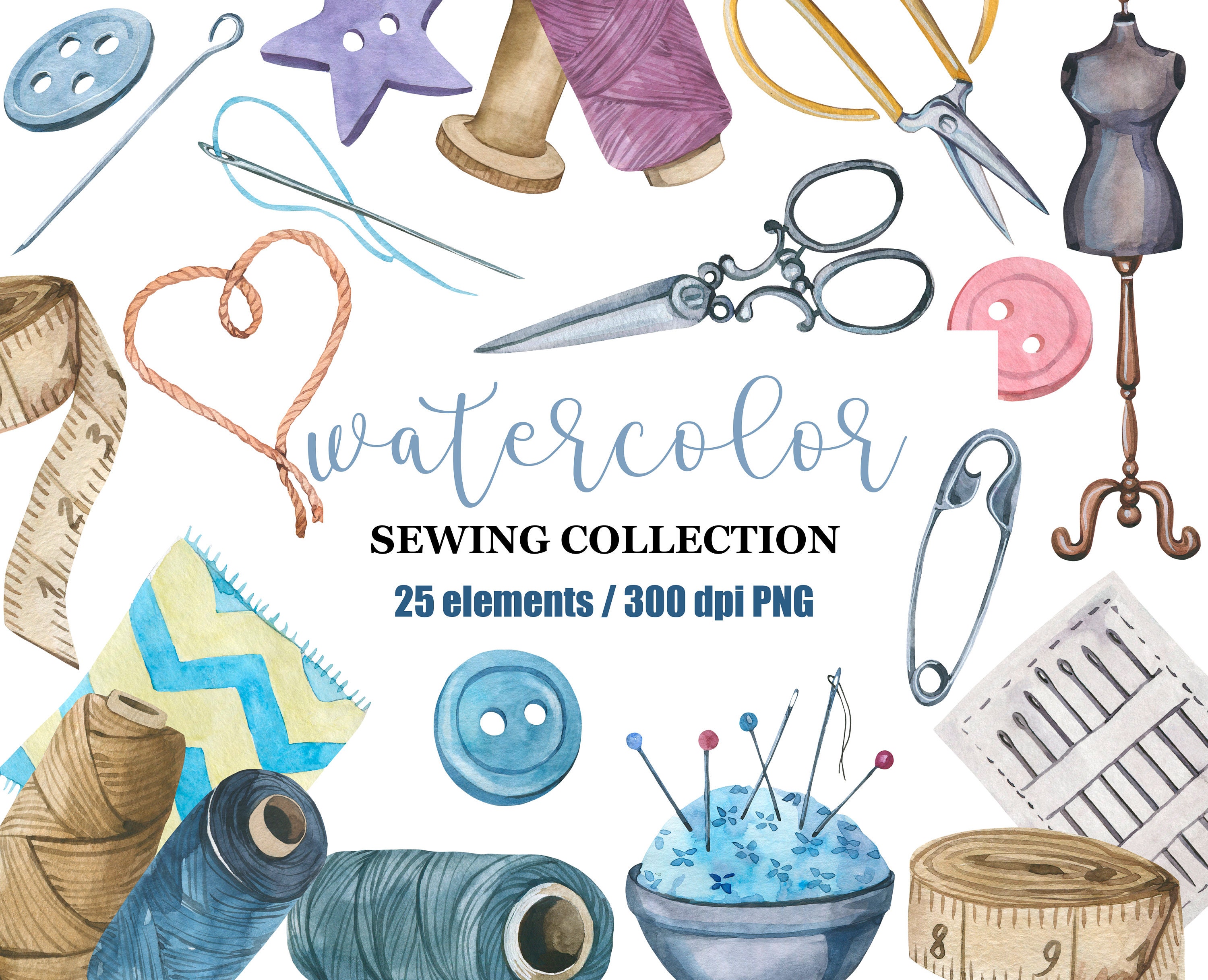 Watercolor Sewing Clipart Hobby Set Decor Sewing Supplies | Etsy