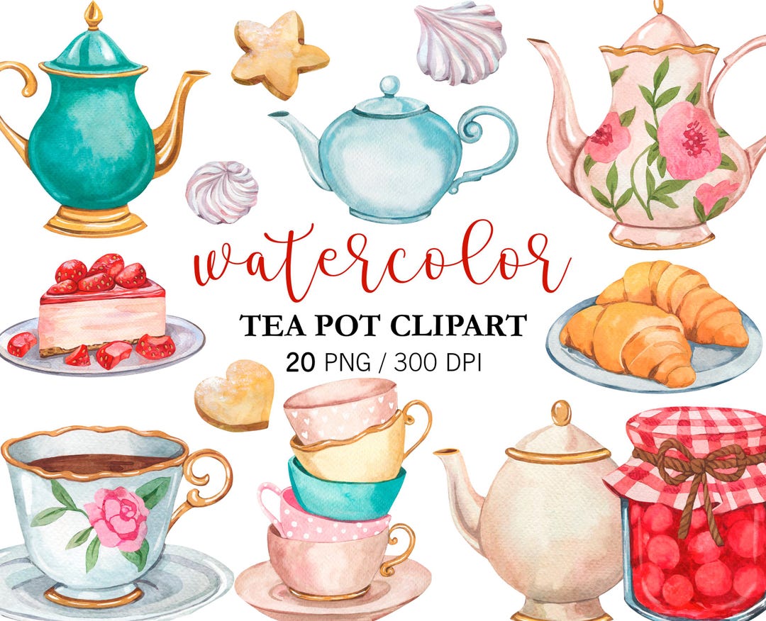 Watercolor Teapot and Teacup Clipart, Watercolor Tea Party Invitation ...