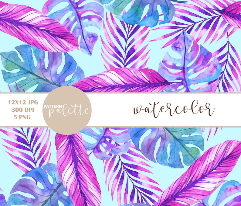 Pink Tropics Patterns, Seamless Pattern, Watercolor Patterns, PNG Files ...
