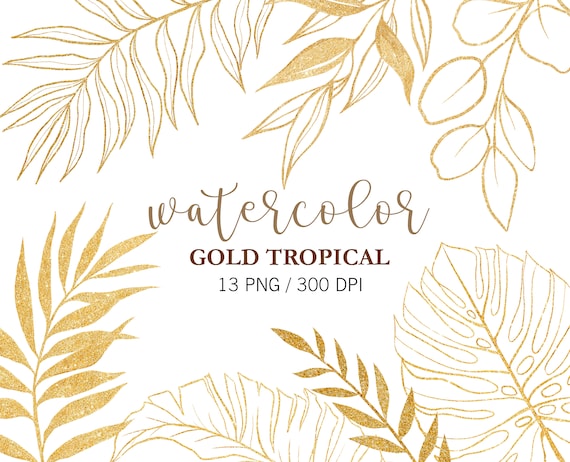 Gold Tropical Leaves Clipart Doodle Clipart Tropical Plant | Etsy