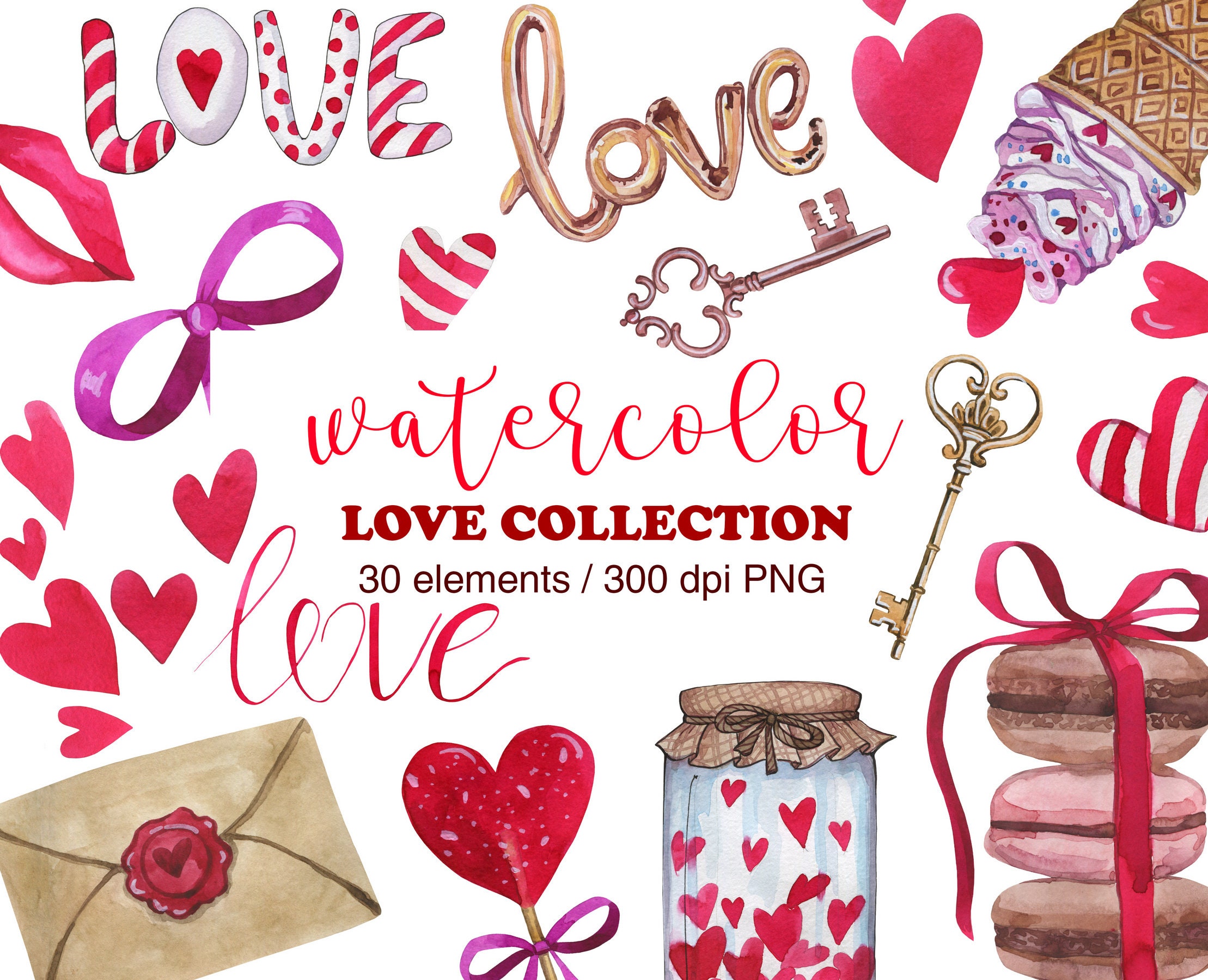Cute Love Clipart Watercolor Valentines Day Clipart | Etsy